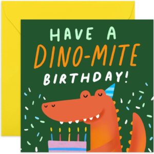 old english co. have a dino mite birthday card for son daughter - dinosaur birthday card for young children - cute cake unisex t rex birthday card for child | blank inside with envelope