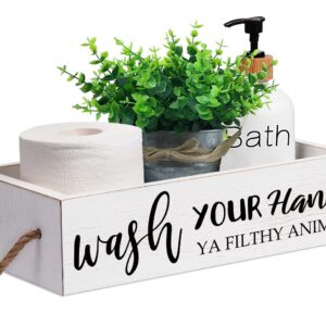 Msyueos Wash Your Hands Toilet Tank Basket Wooden Toilet Paper Basket Storage Box with 2 Sides Signs Toilet Basket Bathroom Decor Box Home Toilet Decor White Basket for Bathroom