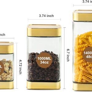 BETTWILL Glass Storage Jars-Large Kitchen Glass Canisters with Airtight Lids -Coffee Pasta Sugar Tea Snack Nuts Cookie Flour Food Container - Set of 3-Gold Color.