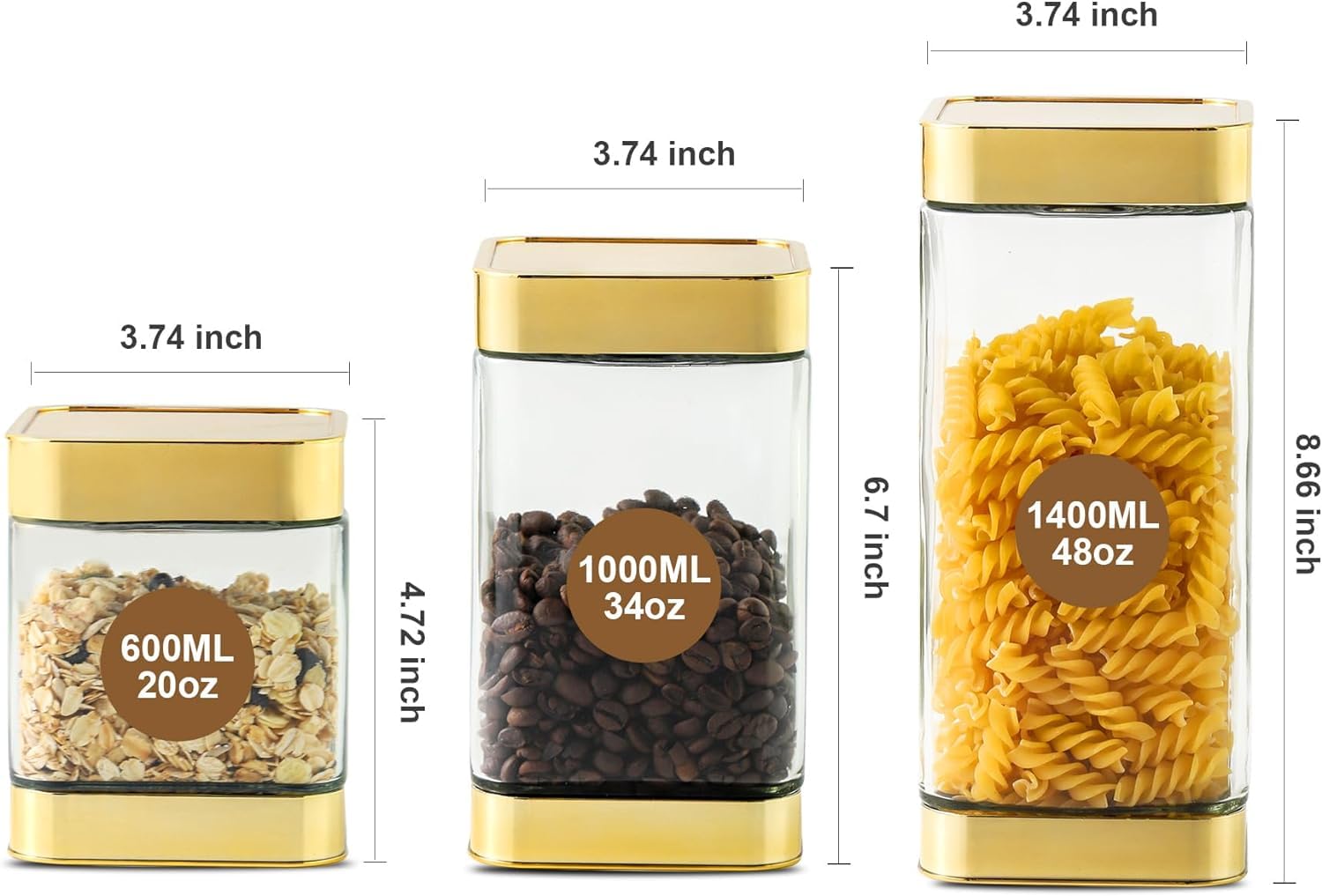 BETTWILL Glass Storage Jars-Large Kitchen Glass Canisters with Airtight Lids -Coffee Pasta Sugar Tea Snack Nuts Cookie Flour Food Container - Set of 3-Gold Color.