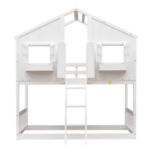 House Bunk Beds Twin Over Twin Bunk Bed Frame with Ladder, Kids Playhouse Bunk Bed with Roof, Window, Door, Floor Bunked Frame for Boys Girls Teens, White