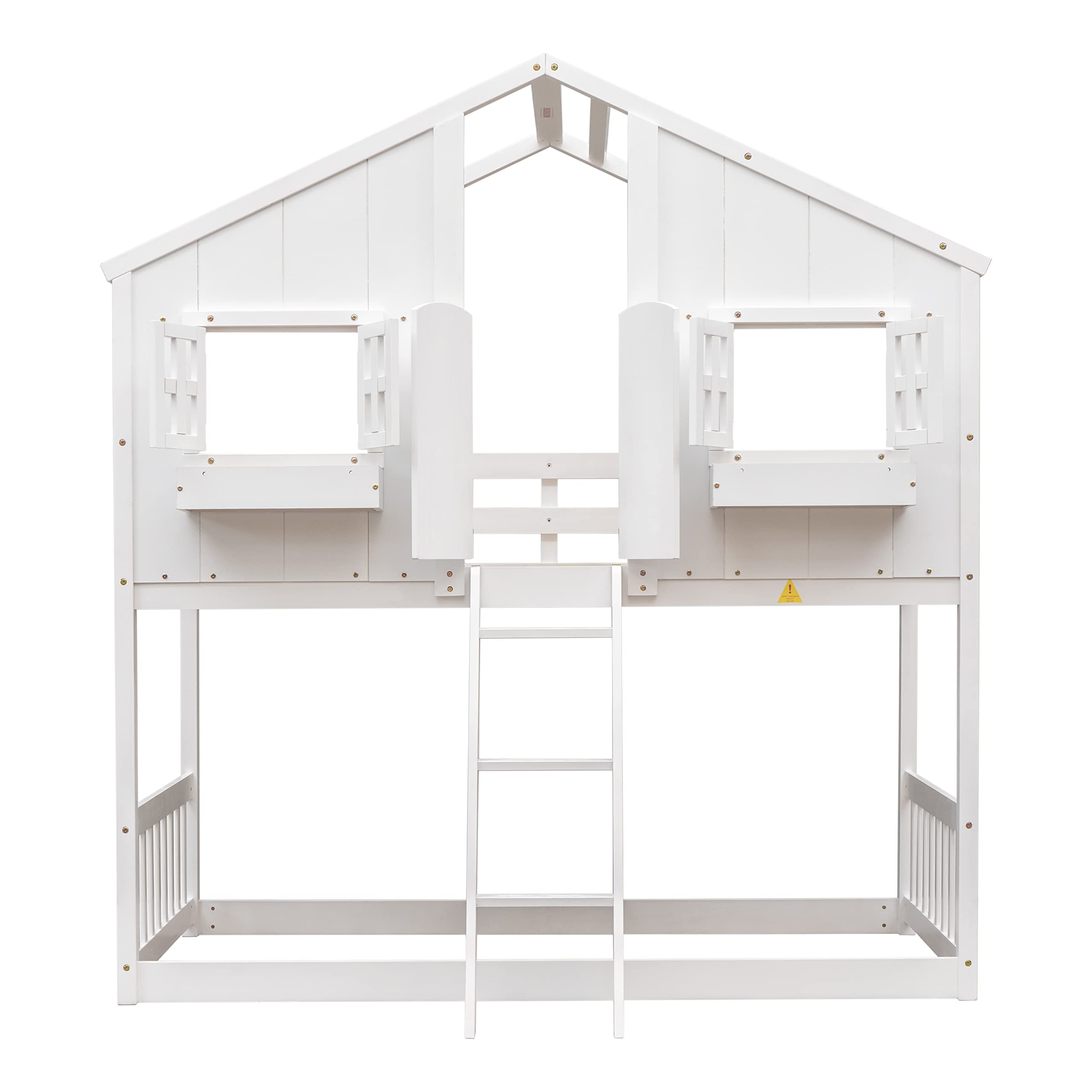 House Bunk Beds Twin Over Twin Bunk Bed Frame with Ladder, Kids Playhouse Bunk Bed with Roof, Window, Door, Floor Bunked Frame for Boys Girls Teens, White