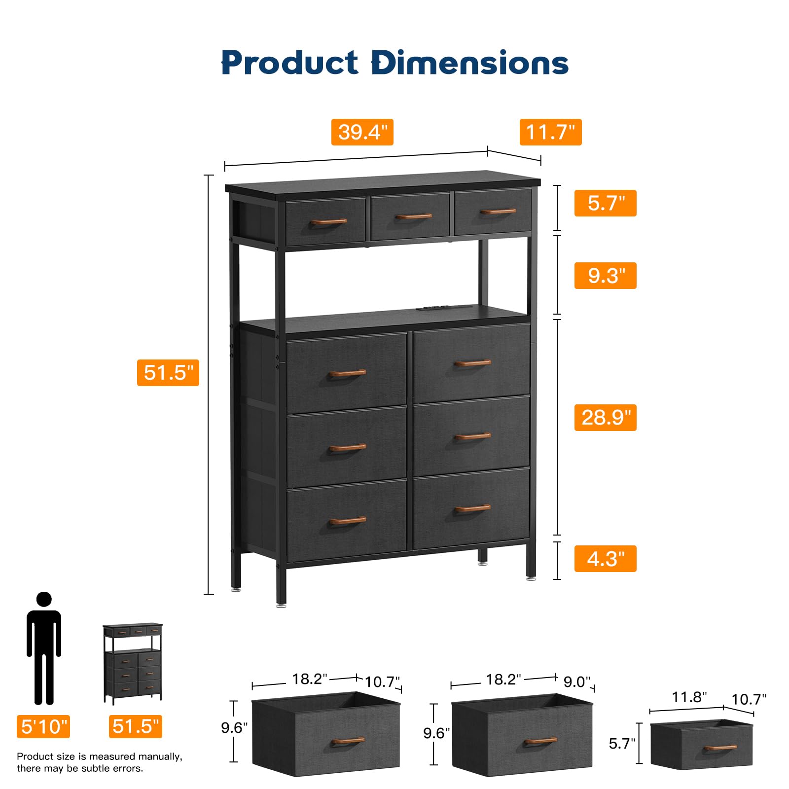 AODK Dresser with Charging Station, 52 Inches Tall Dresser for Bedroom with 9 Storage Drawers, Large Fabric Dressers for Hallway, Dark Grey