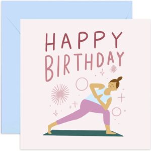 old english co. cute yoga birthday card for her - yogi happy birthday card for woman - fun yoga greeting card for friend, sister, daughter, mum | blank inside with envelope