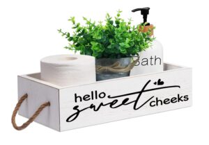 msyueos hello sweet cheek decor box with rope - rustic wooden storage box with funny design on 2 sides perfect for bathroom decor, toilet paper holder, toilet tank basket, toilet organizer (white)