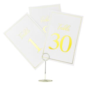 white paper gold wedding table numbers, 1-30 and head table card included, centerpiece decorations,double sided 4x6 with gold stamping,for table number holders