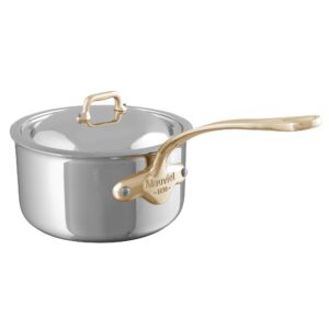 mauviel m'cook b 5-ply polished stainless steel sauce pan with lid, and brass handle, 2.6-qt, made in france