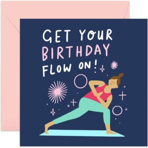 old english co. birthday yoga flow birthday card for him or her - yogi birthday greeting card for women or men - cute yoga happy birthday card for friend family | blank inside with envelope