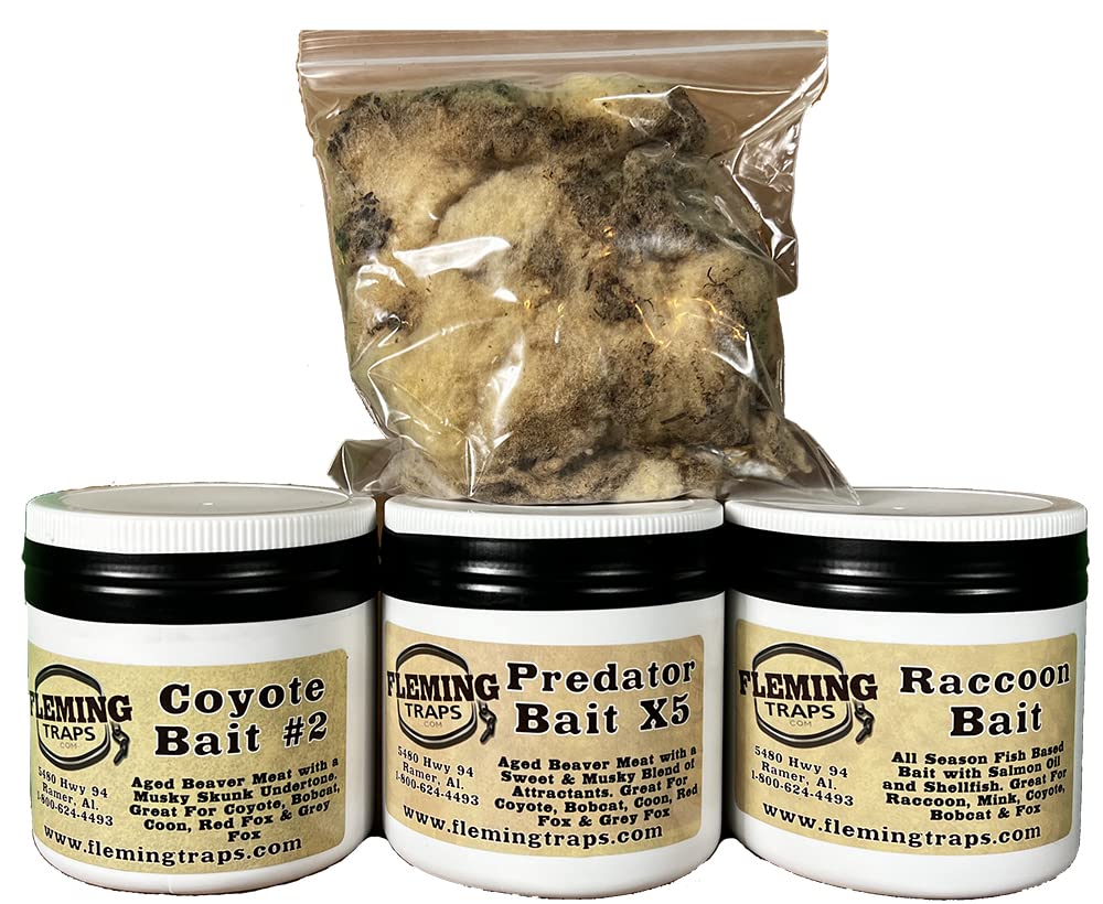 Fleming Traps Predator Bait Kit - Coyote, X5 & Raccoon Bait with Wool - 3 Pack