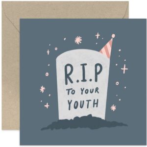 old english co. funny rip to your youth birthday card for him her - rest in peace youth age humour joke birthday card for brother, sister, son, daughter - funny joke card | blank inside with envelope