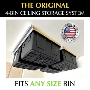 E-Z Garage Storage Overhead Bin Storage Rack Organization System - Store 4 Bins on Garage Ceiling/Adjustable to Fit Any Size Tub - Made In USA