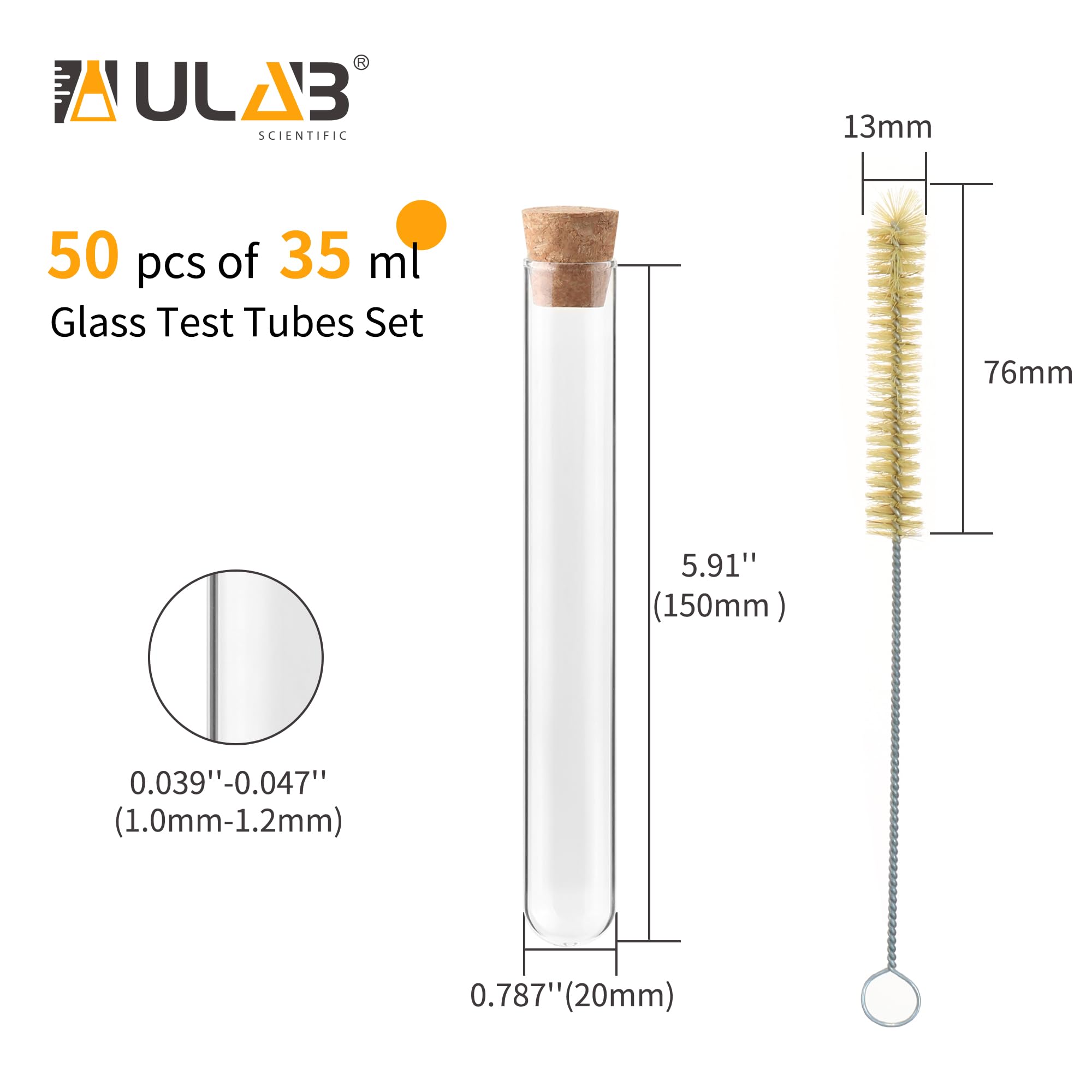 ULAB Scientific 50pcs 35ml Round Bottom Glass Test Tubes Set, 3.3 Borosilicate Glass, Dia.20x150mm, Packed with Stoppers and Brush, UTT1023