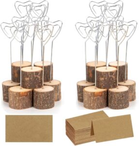 20 pcs wood place card holders and 30 pcs kraft place cards, rustic wooden table number holder stand photo picture note clip holders for wedding party name sign - heart shape