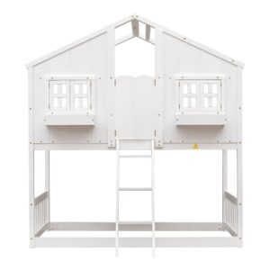 House Bunk Beds Twin Over Twin Bunk Bed Frame with Ladder, Kids Playhouse Bunk Bed with Roof, Window, Door, Floor Bunked Frame for Boys Girls Teens, White