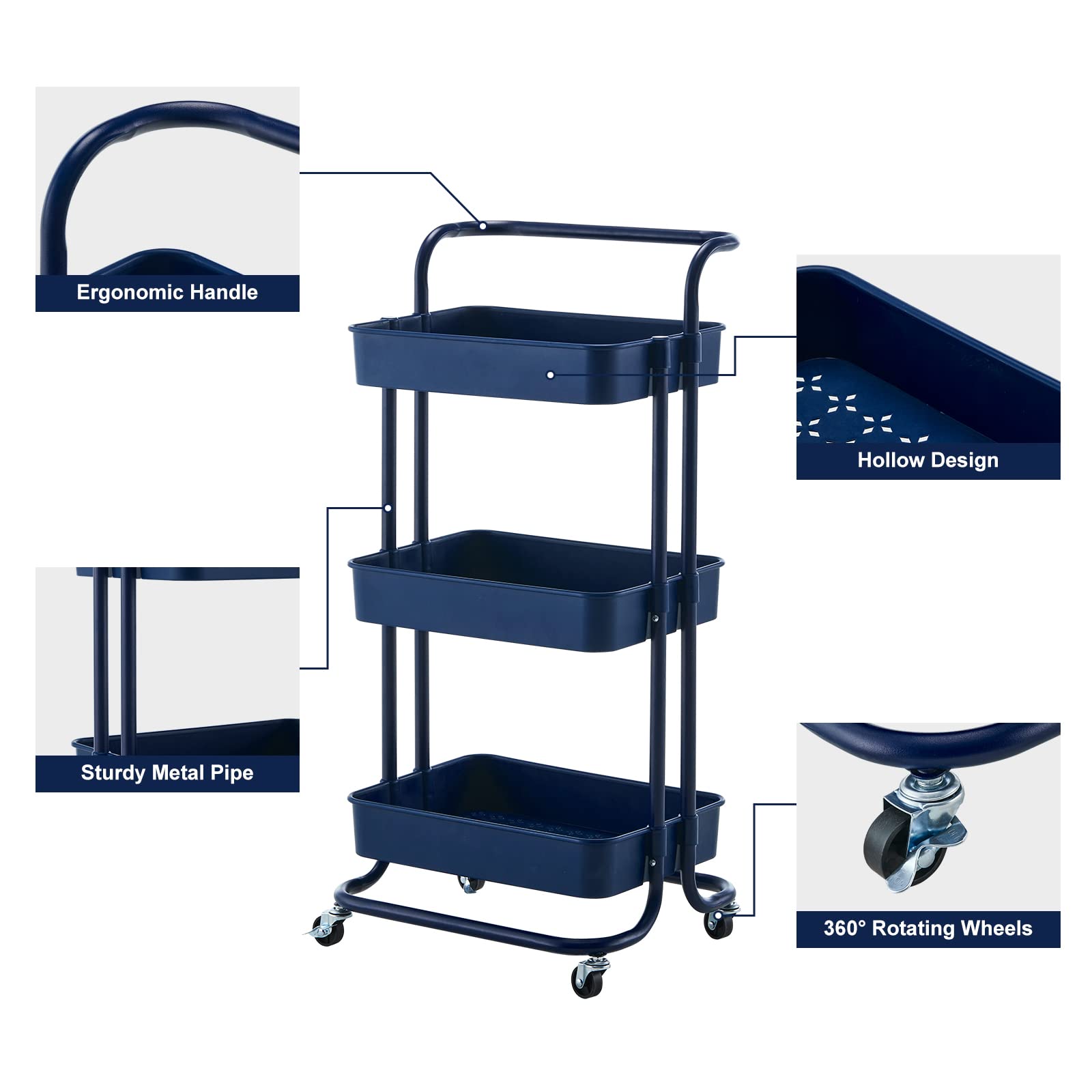 TUKAILAi 3-Tier Rolling Storage Cart with Lockable Wheels and Ergonomic Handle, Slide Out Utility Shelving Unit Organizer Serving Trolley Clearing for Kitchen Bathroom Laundry Bedroom (Dark Blue)