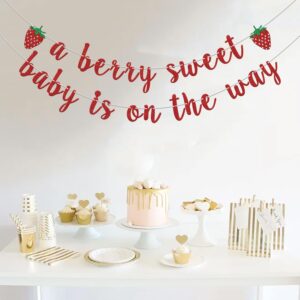 A Berry Sweet Baby is On The Way Banner, Strawberry Girl Baby Shower Party Decorations, Berry Sweet Fruits Themed Kids' First Birthday Party Supplies Red Green Glitter