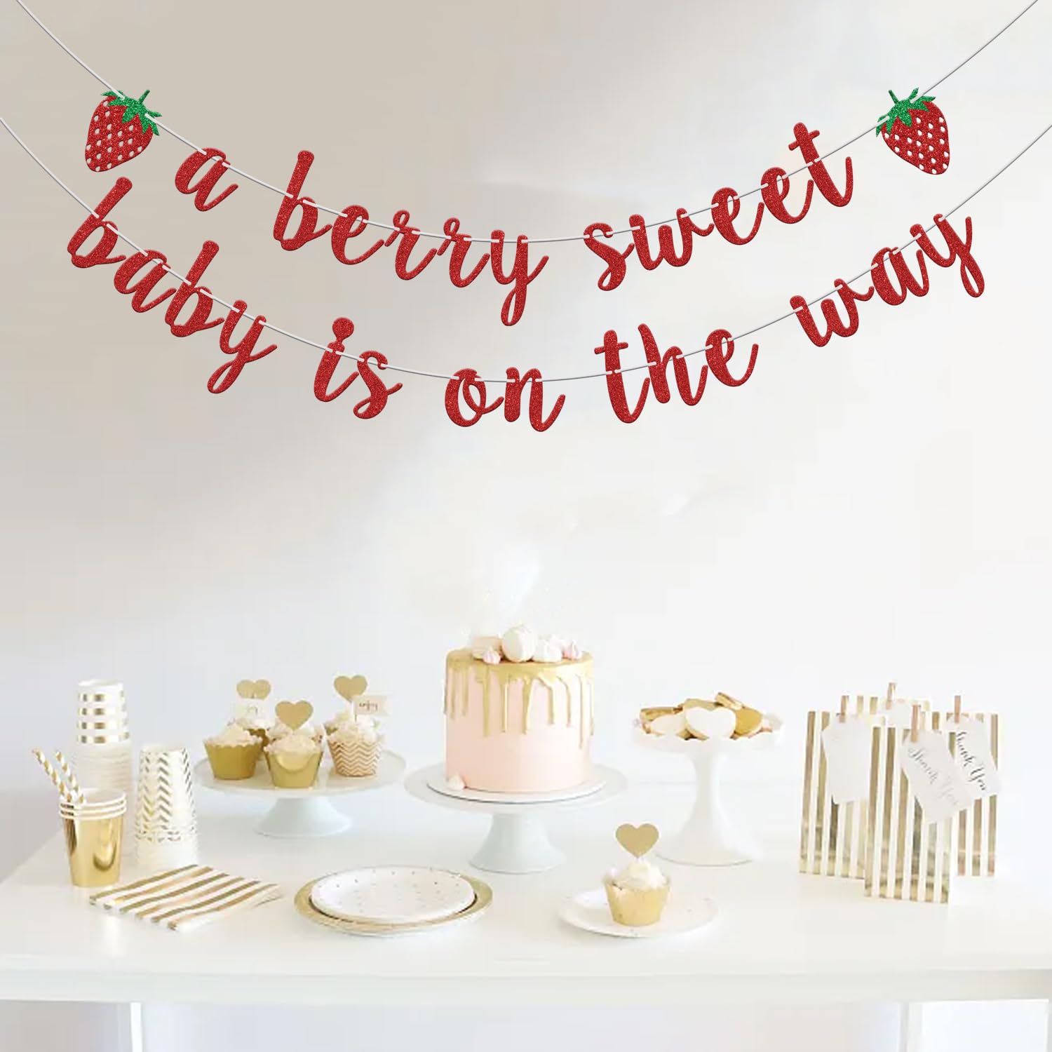 A Berry Sweet Baby is On The Way Banner, Strawberry Girl Baby Shower Party Decorations, Berry Sweet Fruits Themed Kids' First Birthday Party Supplies Red Green Glitter