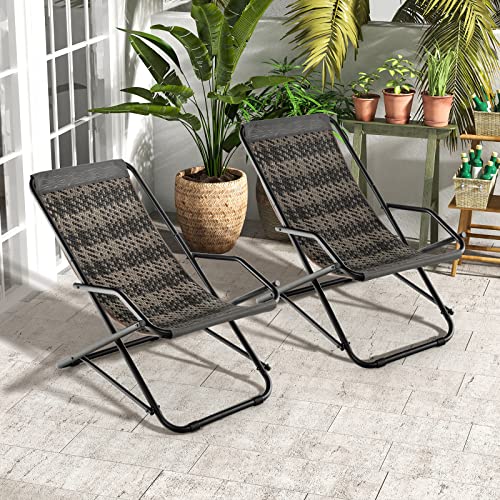 Tangkula Wicker Sling Chair Outdoor, Patio Deck Chair with Rattan Seat, Metal Frame, Armrests, Portable Folding Beach Chair for Porch, Poolside, Balcony, Garden