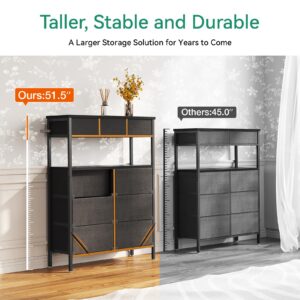 AODK Dresser with Charging Station, 52 Inches Tall Dresser for Bedroom with 9 Storage Drawers, Large Fabric Dressers for Hallway, Dark Grey