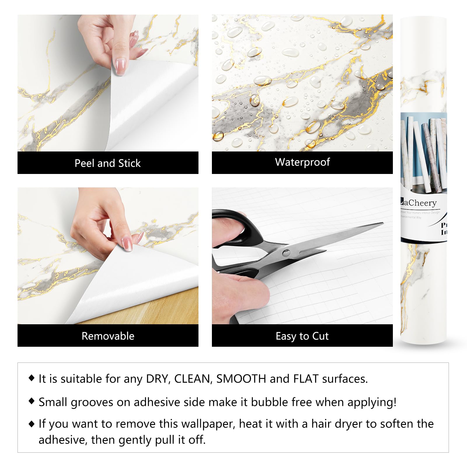 LACHEERY Thick White Marble Contact Paper for Countertops Waterproof Contact Paper Peel and Stick for Cabinets Removable Matte Gold Grey White Marble Wallpaper for Kitchen Bathroom Counter 15.8"x80"