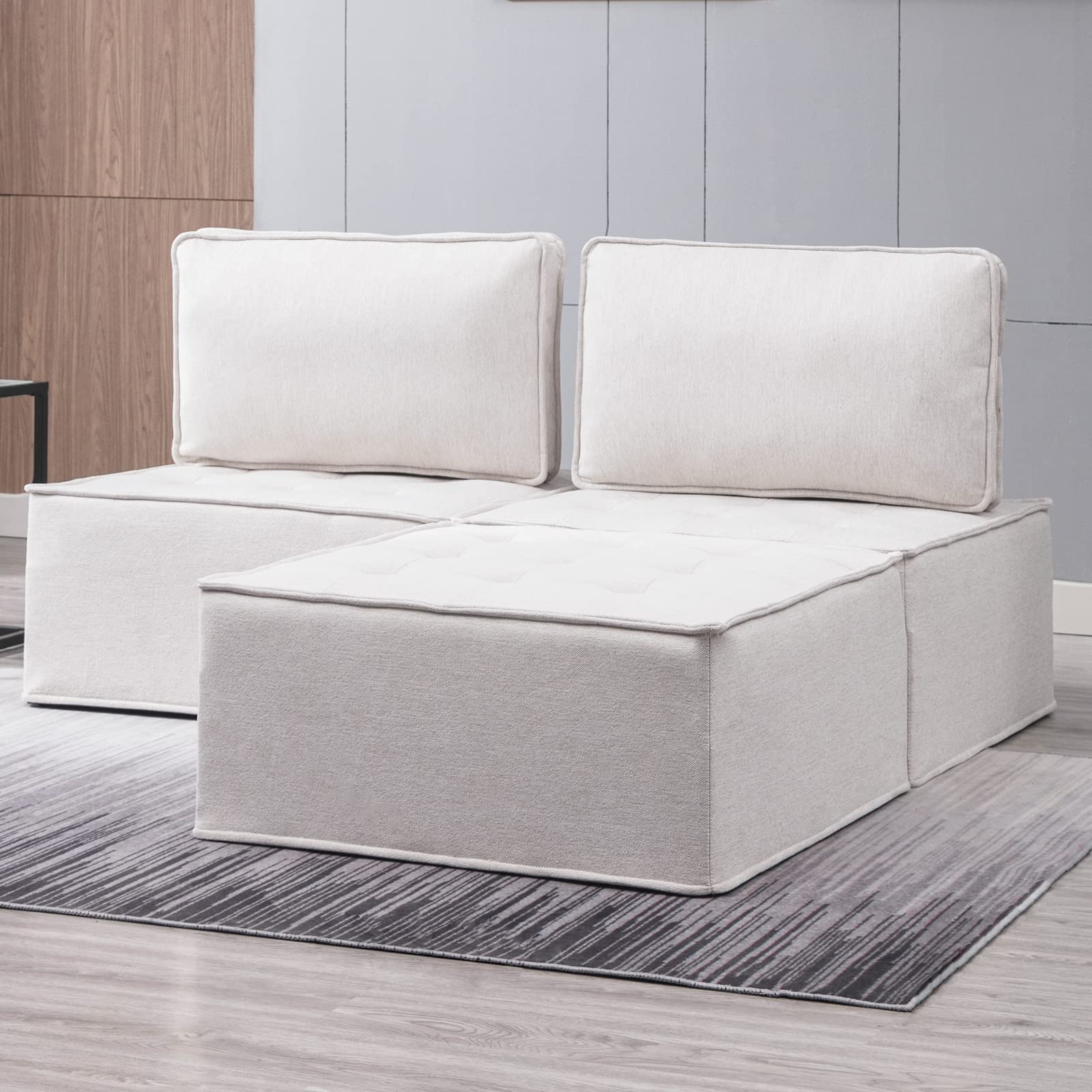 BALUS Modular 3 Seater Sofa Couch, Modern Sectional Sofa Couch, Armless Floor Sofa Couch, Soft Fabric Sofa Bed for Bedroom, Living Room and Sturdy Room, Free Combination, 3 PCS, Beige