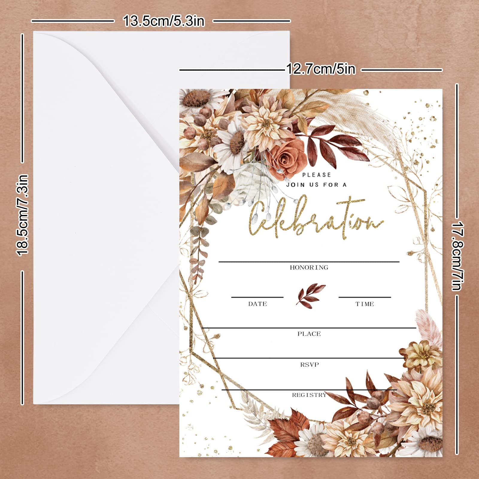 AnyDesign Boho Floral Invitations 20 Sets Rustic Floral Cards with Envelopes Stickers Watercolor Blank Invites for Baby Shower Wedding Birthday Dinner Party, 5 x 7 Inch