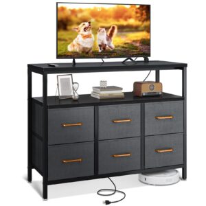 aodk dresser with charging station, 40-inch long dresser for bedroom with 6 large fabric drawers, dresser tv stand with open shelves for 50 inch tv, black