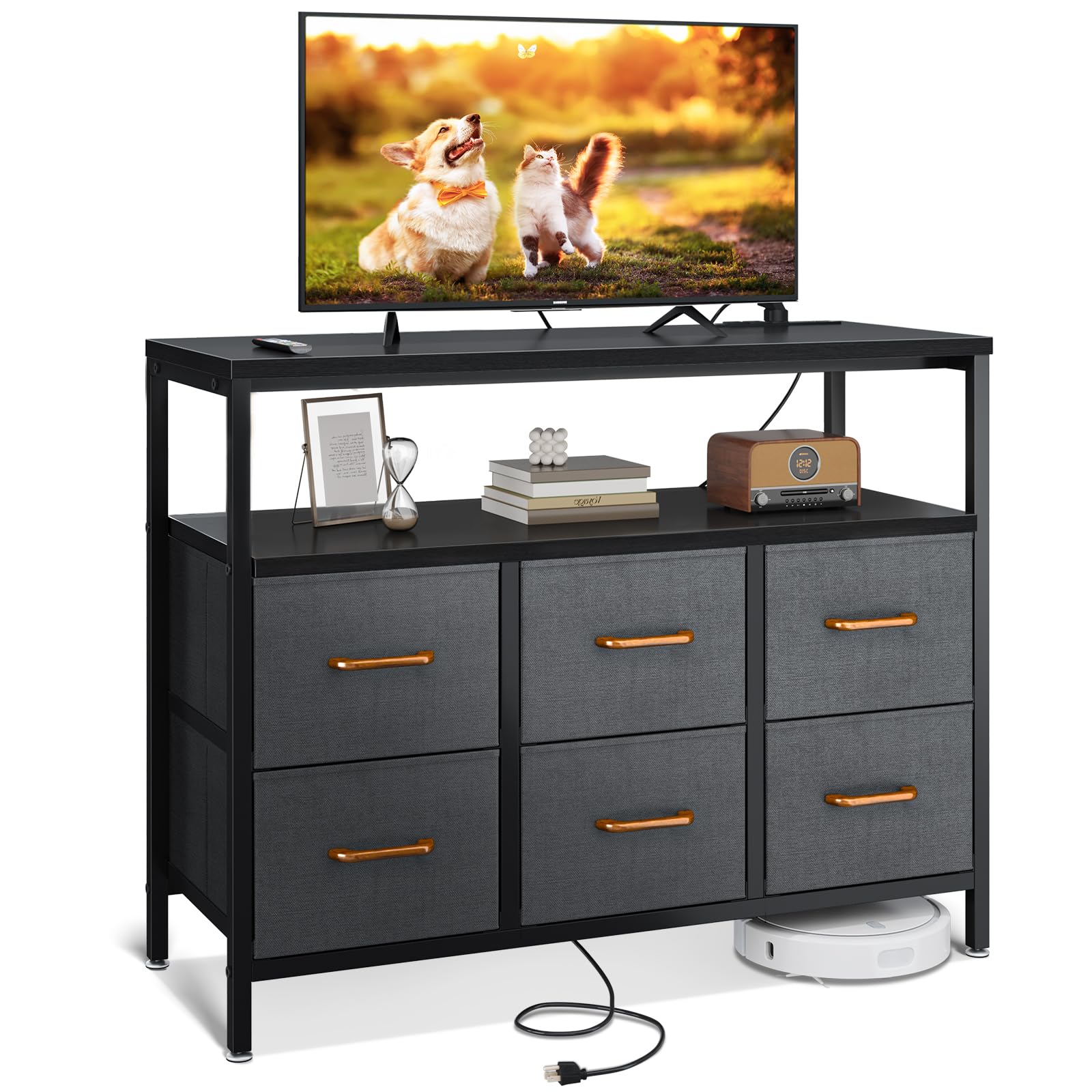 AODK Dresser with Charging Station, 40-Inch Long Dresser for Bedroom with 6 Large Fabric Drawers, Dresser TV Stand with Open Shelves for 50 Inch TV, Black