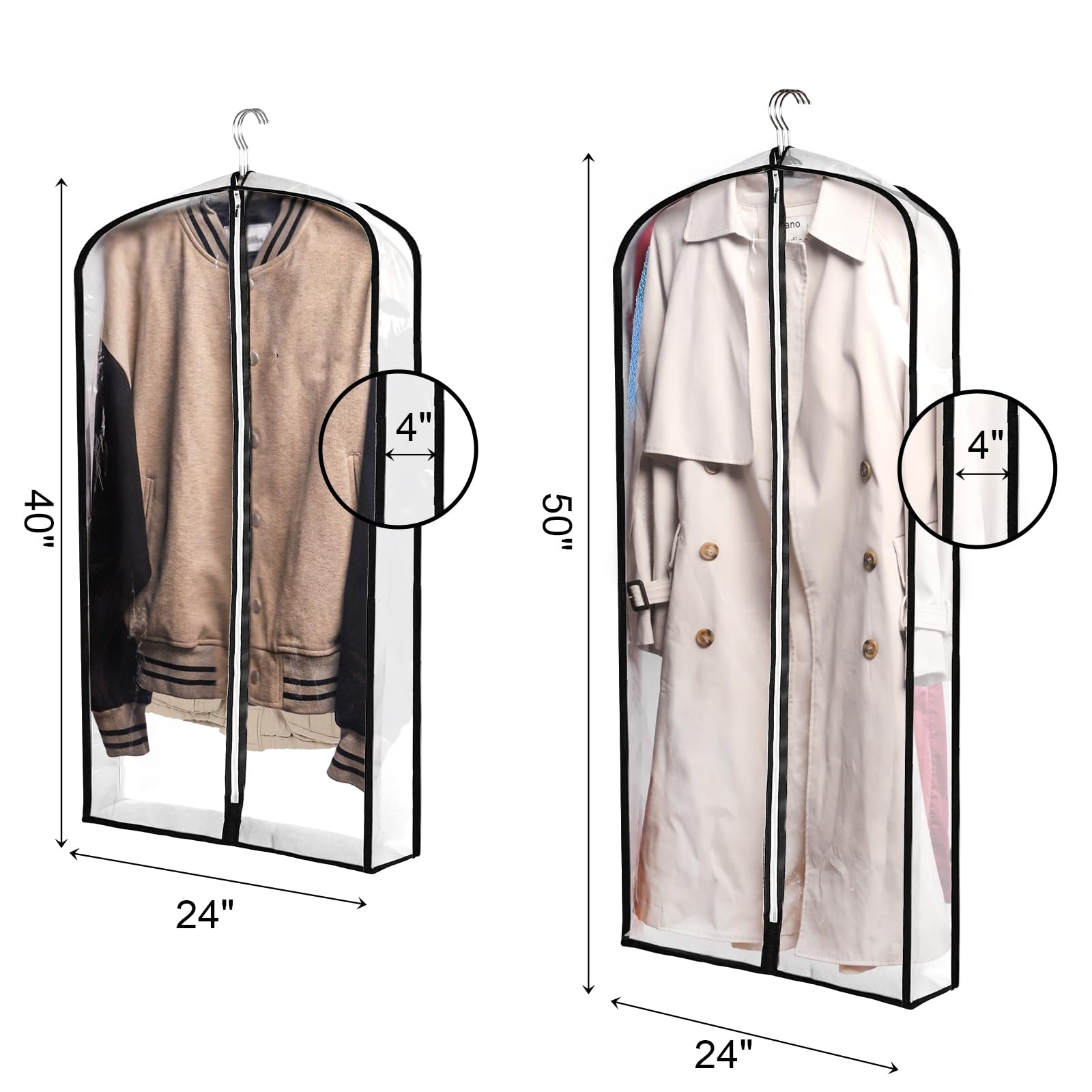 Pumtus 6 Pack Garment Bags, 50'' & 40'' Clear Hanging Clothes Covers, 4" Gussetes Plastic Large Suit Bag for Closet Storage, Transparent Dust Cover Protector Bag for Dress, Jacket, Coat, Sweater