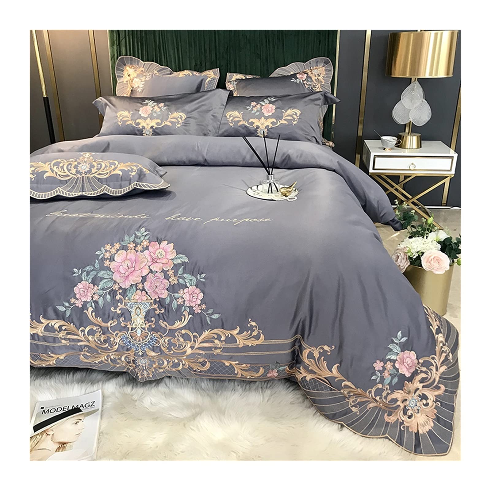 4 Pieces Duvet Cover Set European style light luxury 60S cotton embroidery Bedding Sets 1 Duvet Cover 2 Pillow Shams 1 fitted sheet Twin Double Queen King ( Color : Silver Grey , Size : 200x230cm-180x