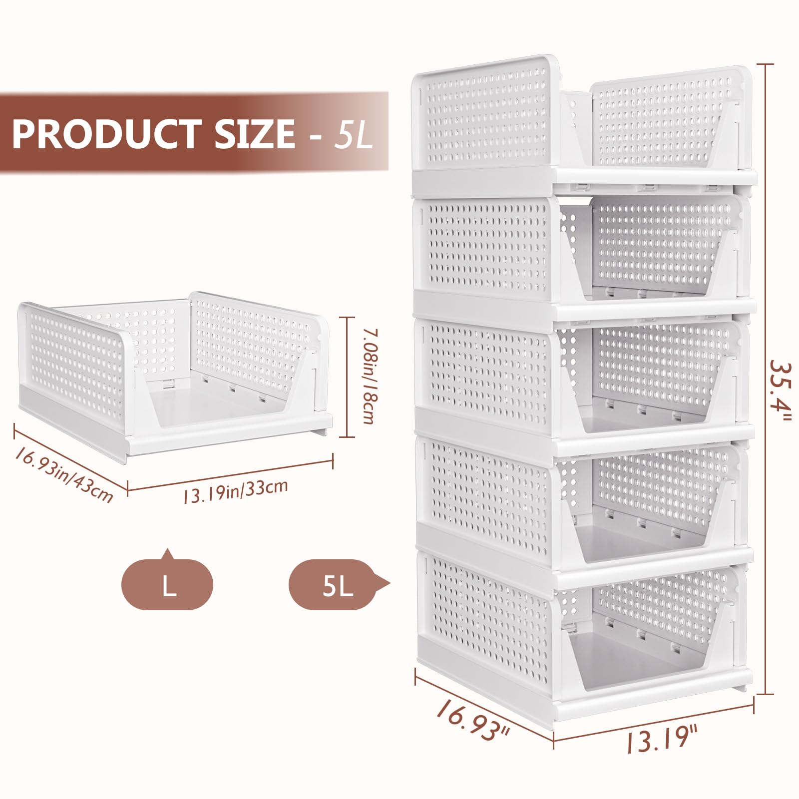 5 Pack Folding Closet Organizers Storage Box, Stackable Storage Bins, Plastic Drawer Basket Closet Storage for Wardrobe Cupboard Kitchen Bathroom Office White-5L