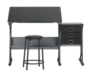 sd studio designs 2 piece eclipse ultra center/drawing table with stool, angle adjustable top, storage shelves, and drawers