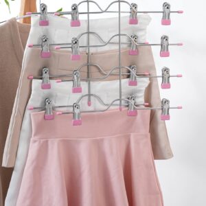 Solid Metal Skirt Hangers 4 Tier Pants Shorts Hangers Space Saving Hangers with Adjustable Clips Non Slip Grip for Slacks, Trousers, Shorts, Jeans, Towels, Pink, (2 Pieces) HL04P