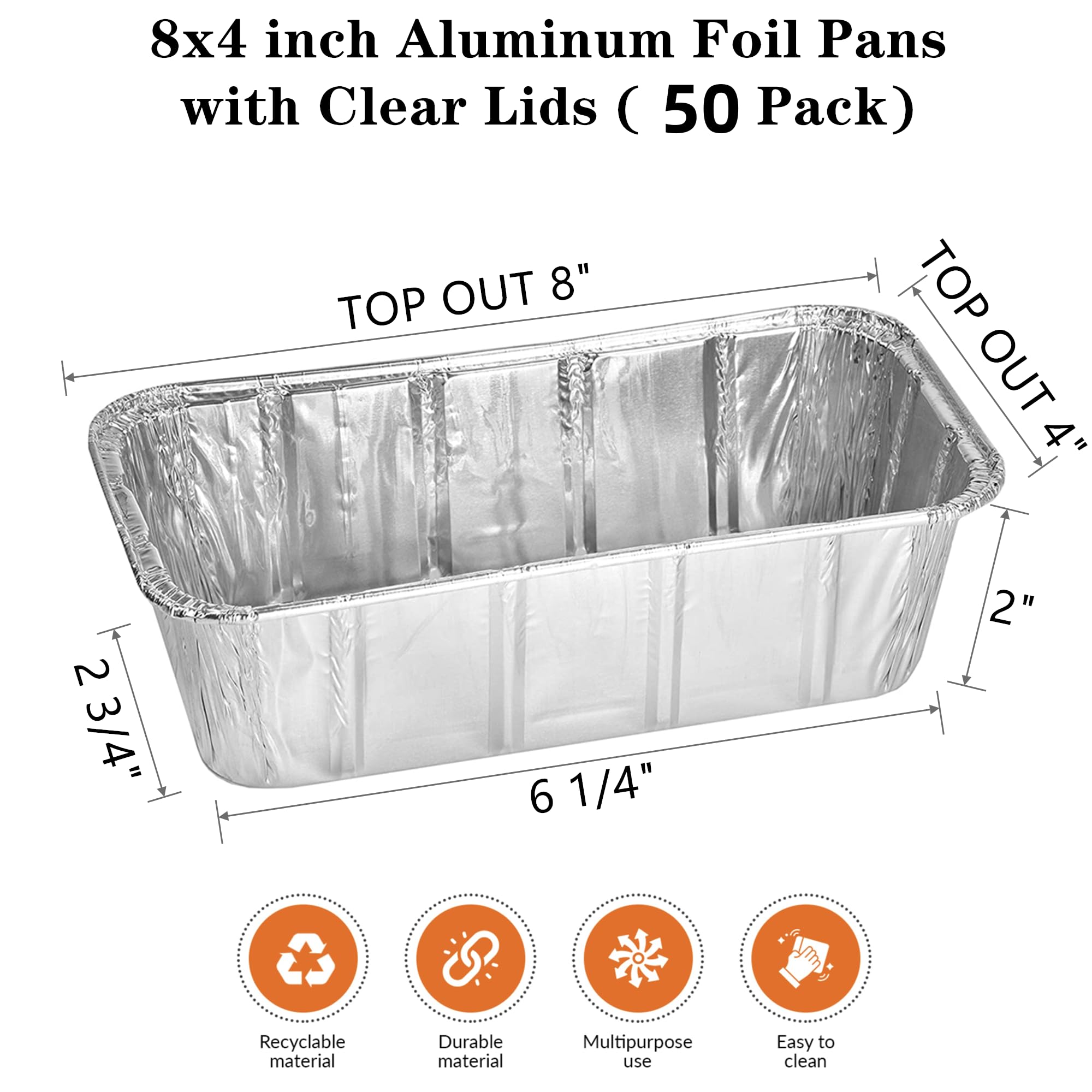 LUCKMETA 8x4 inch Aluminum Foil Pans with Clear Lids, 60 Pack, Heavy Duty, Recyclable, Suitable for Baking, Eating, and Storing