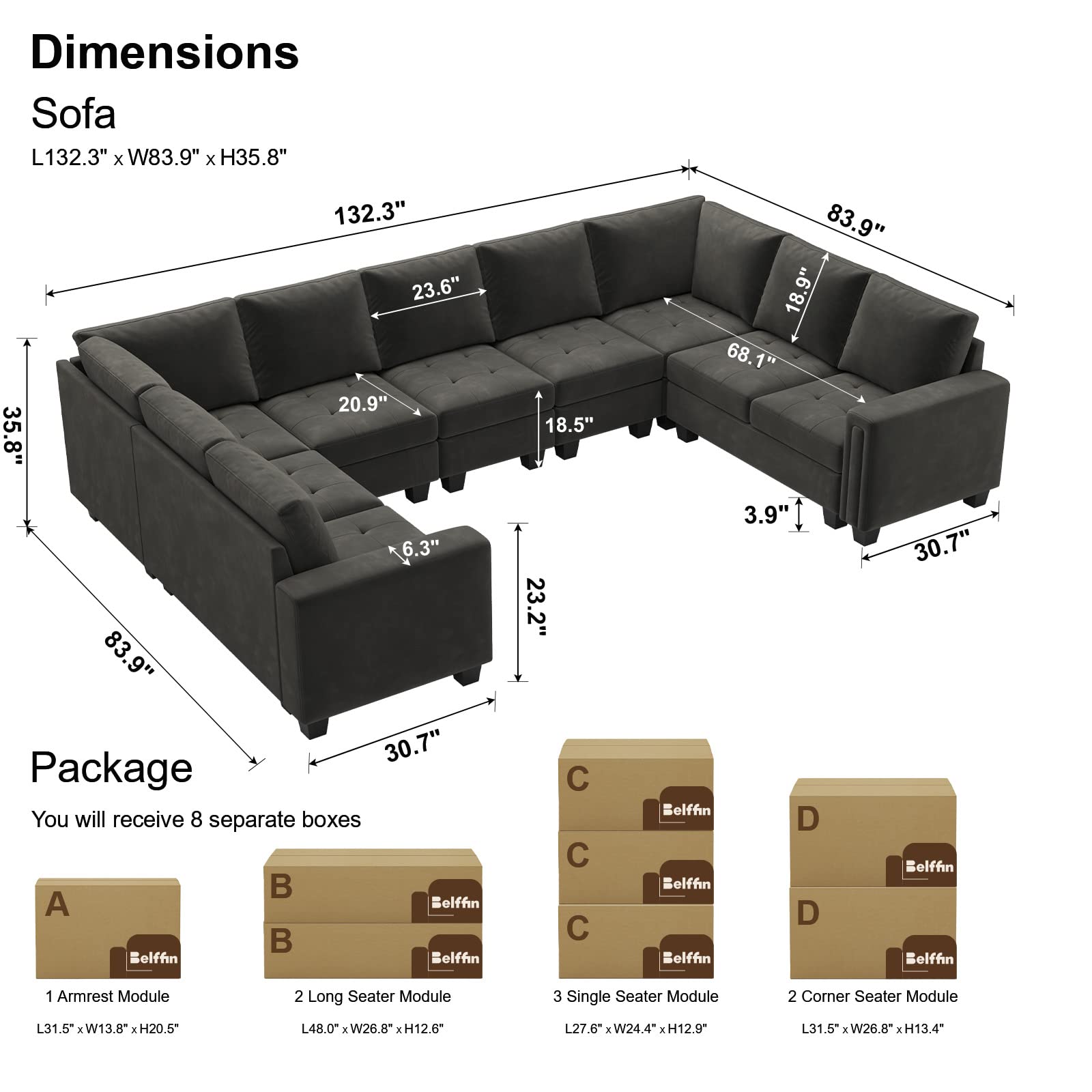 Belffin Oversized Velvet Modular 9 Seater U-shape Sectional Sofa Set with Chaise Convertible sectional Sofa Couch Set Modular Couch Corner U Shaped Sectoional Sofa Grey