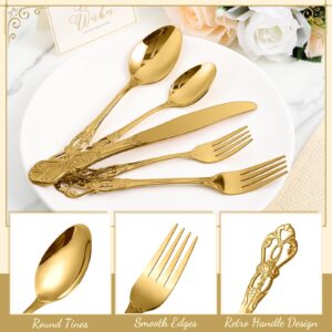 Dandat 30 Pcs Retro Silverware Set Stainless Steel Flatware Set Anti Rust Utensils Set Mirror Polished Cutlery Include Spoon Fork Knife for Dinnerware Wedding Birthday Party Favor (Gold)