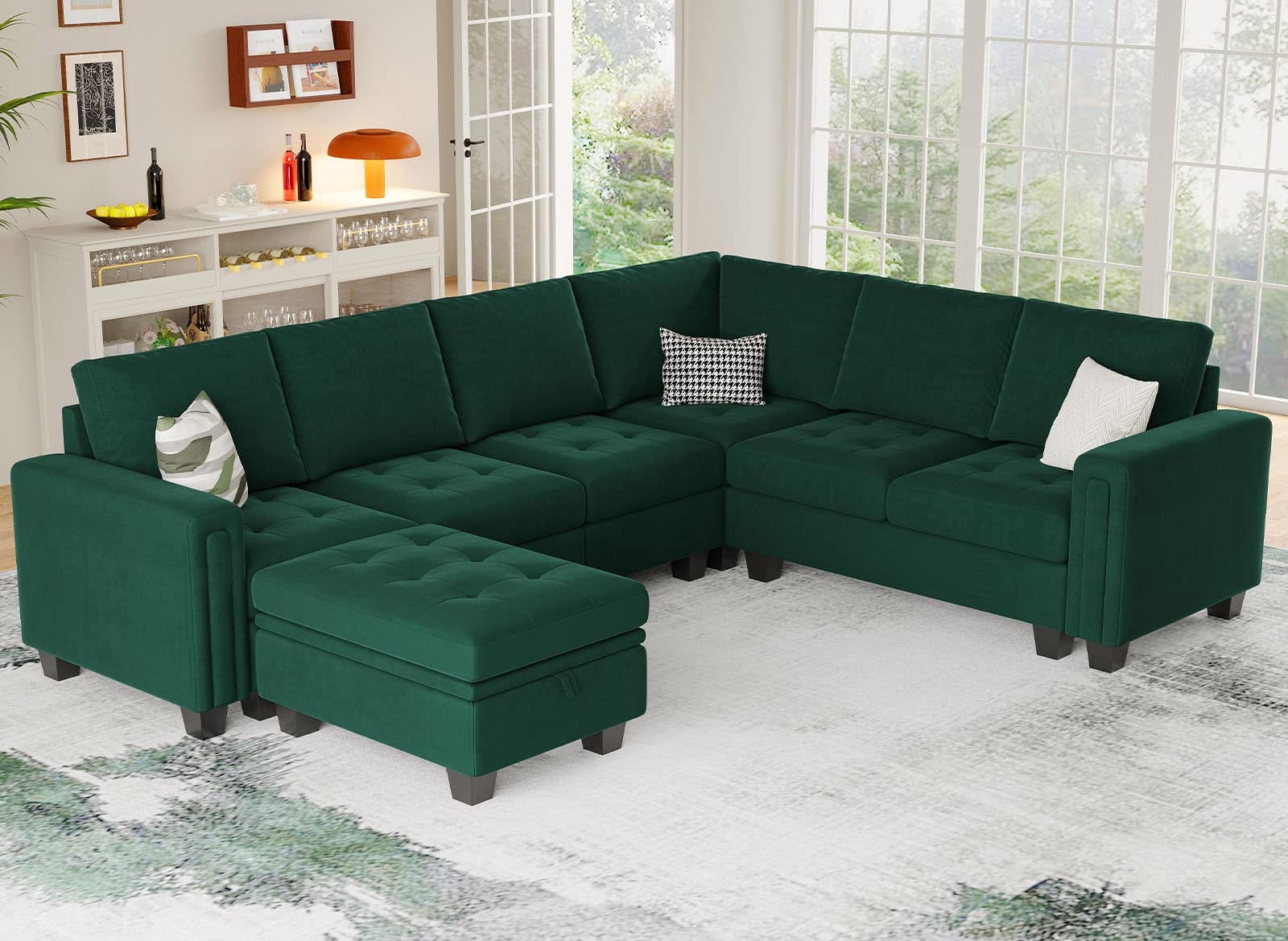 Belffin Velvet Modular Sectional Sofa with Storage Ottoman 6 Seater L Shaped Sectional Modular Sofa Couch with Reversible Chaise Convertible Corner Sectional Couch Green,