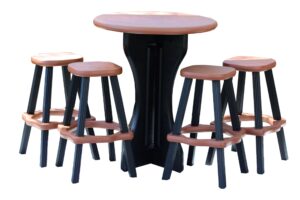 leisure accents patio table set with four barstools - black base with redwood accents - perfect for patio and outdoor spaces. hardware free easy assembly. proudly made in usa