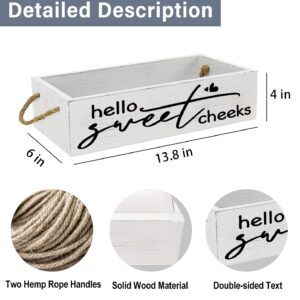 Msyueos Hello Sweet Cheek Decor Box with Rope - Rustic Wooden Storage Box with Funny Design on 2 Sides Perfect for Bathroom Decor, Toilet Paper Holder, Toilet Tank Basket, Toilet Organizer (White)