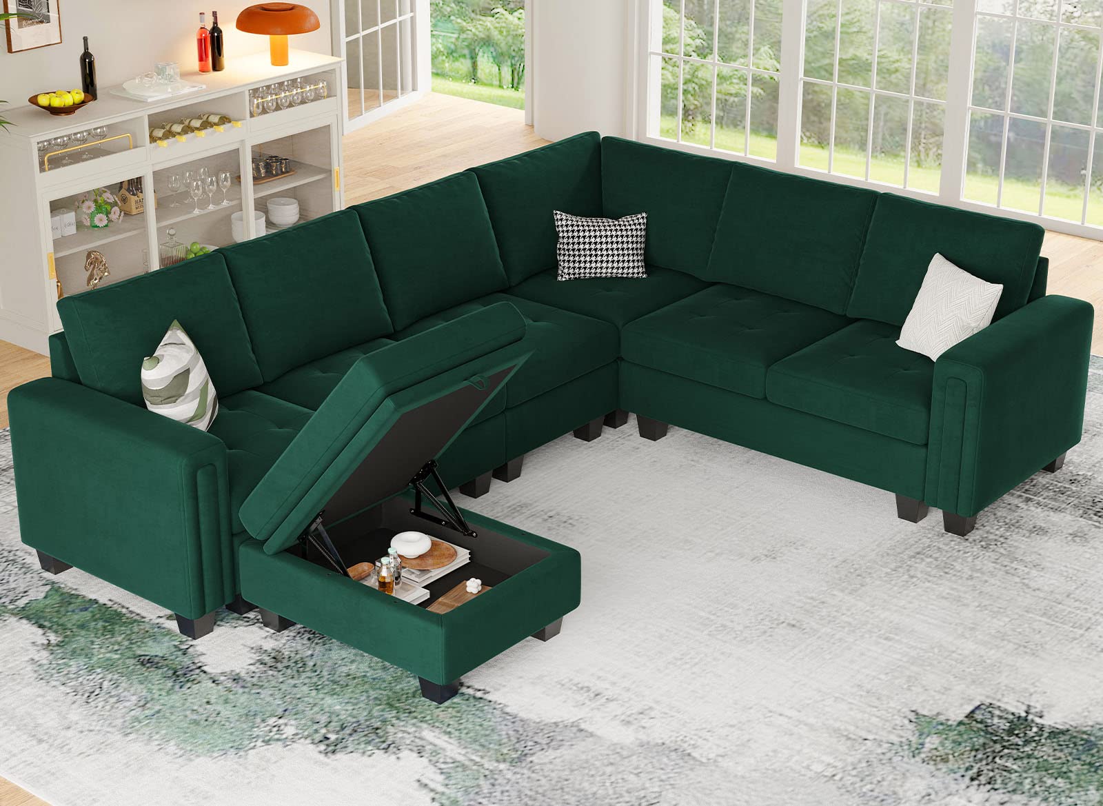 Belffin Velvet Modular Sectional Sofa with Storage Ottoman 6 Seater L Shaped Sectional Modular Sofa Couch with Reversible Chaise Convertible Corner Sectional Couch Green,