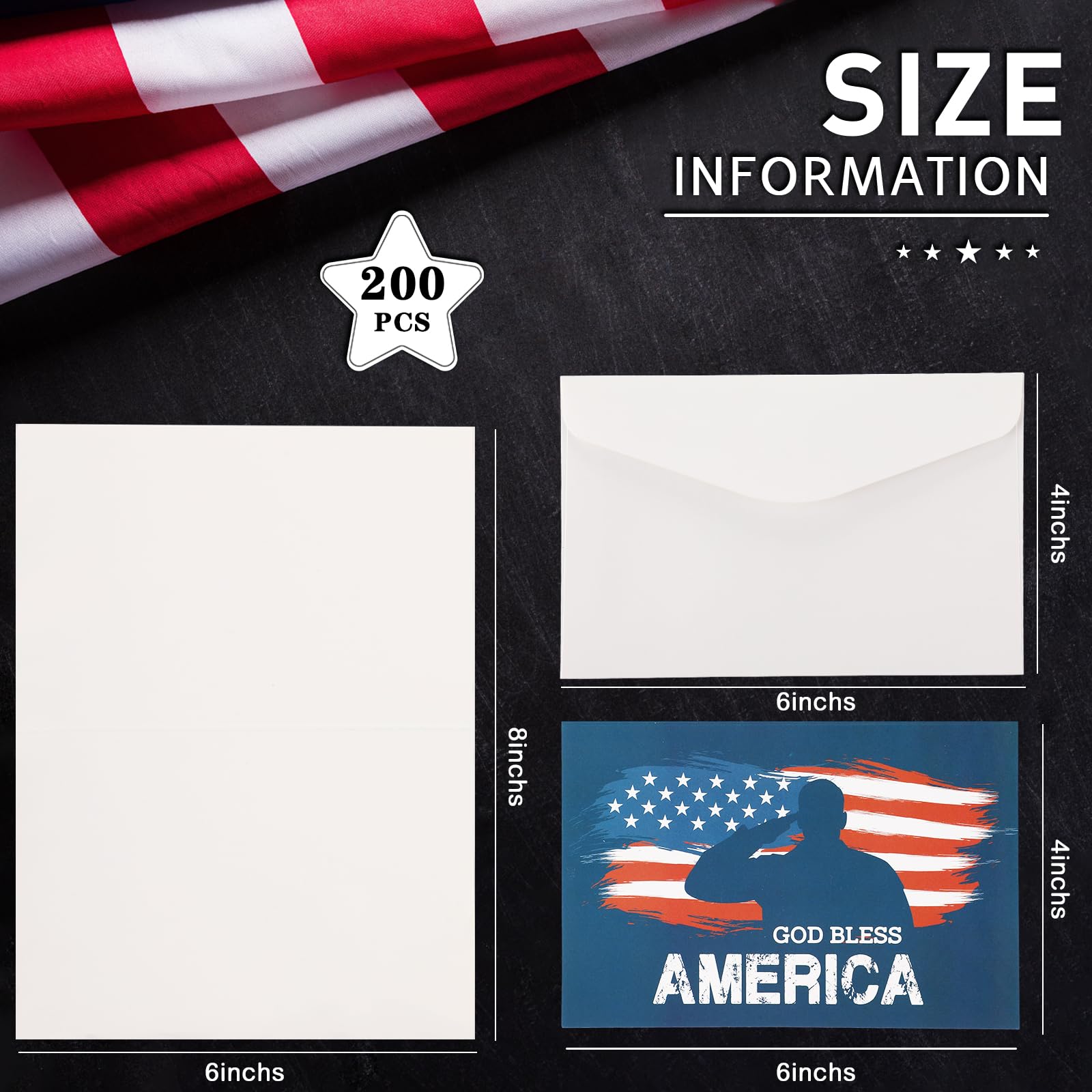 Seajan 200 Pcs Patriotic Thank You Cards with Envelopes, Blue White Red, American Flag Patterns, Ideal for Veterans Day, Memorial Party, Sticker Included