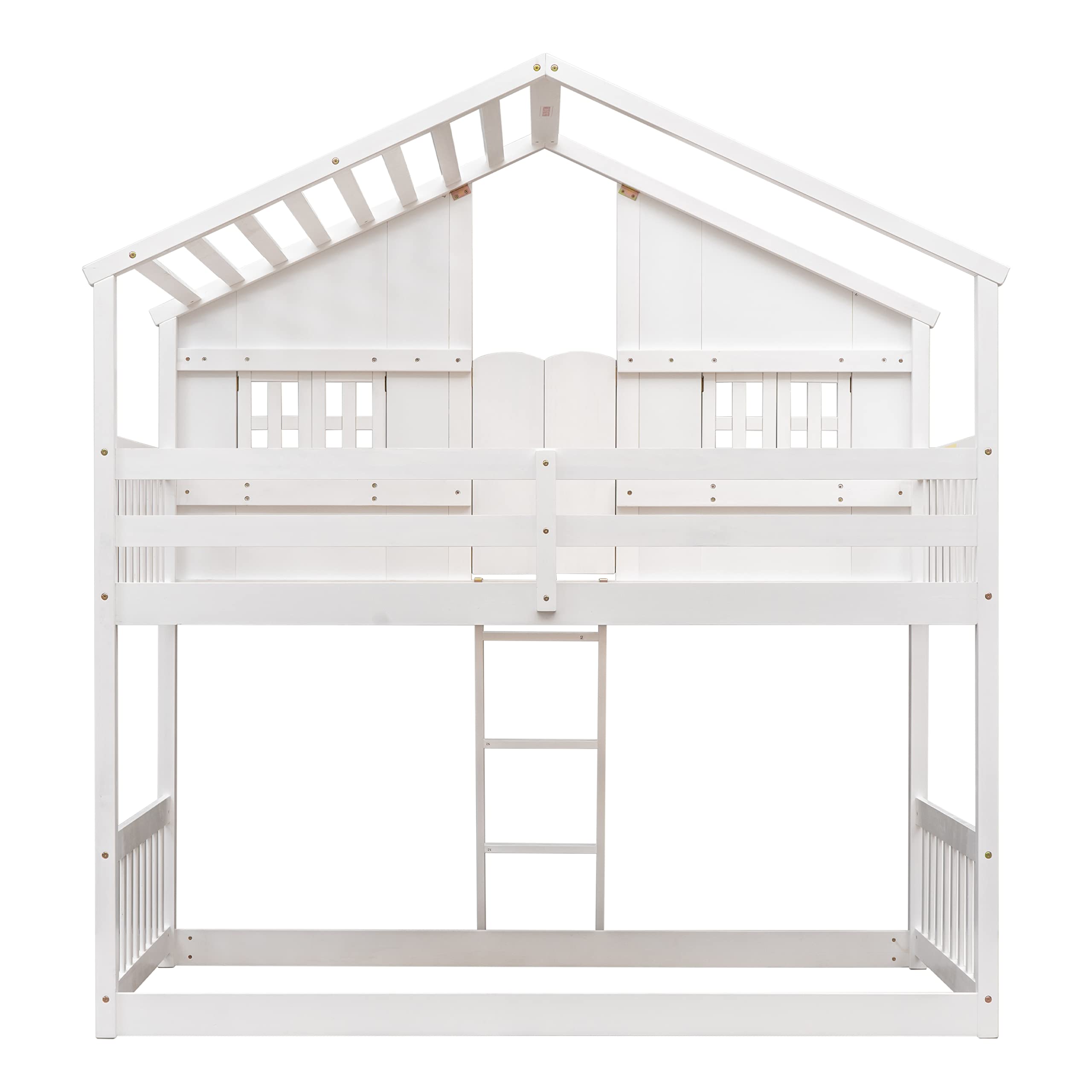 House Bunk Beds Twin Over Twin Bunk Bed Frame with Ladder, Kids Playhouse Bunk Bed with Roof, Window, Door, Floor Bunked Frame for Boys Girls Teens, White