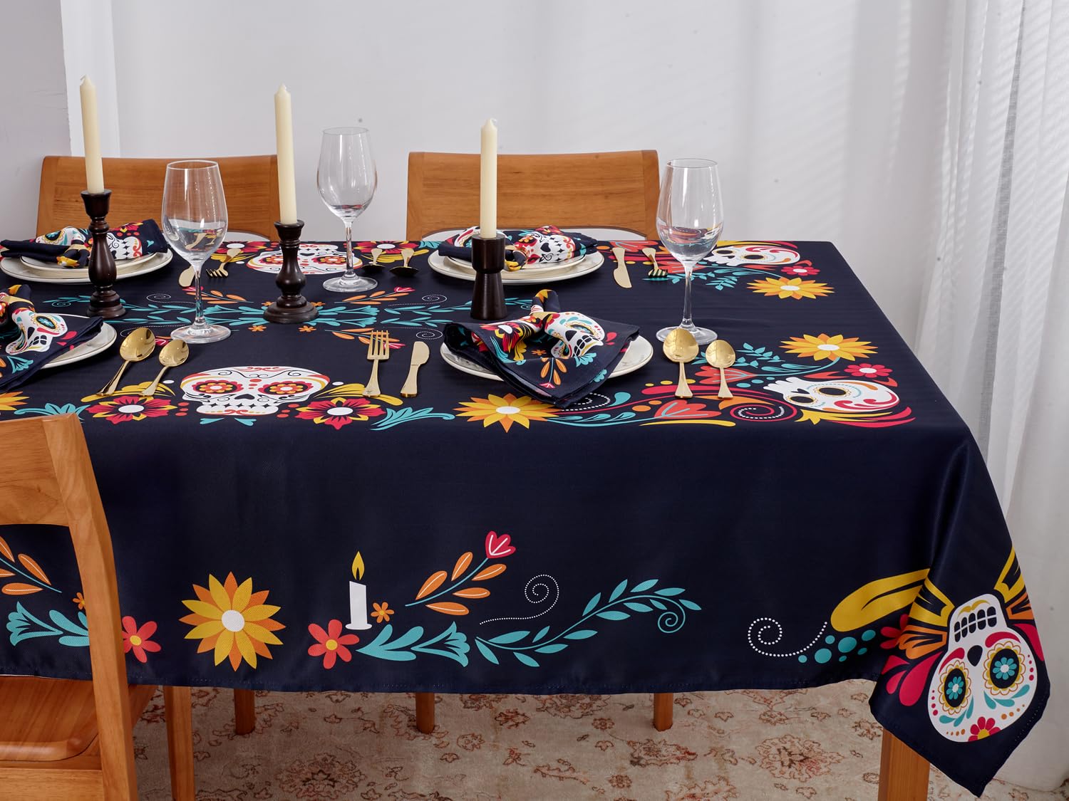 YiHomer Day of The Dead Halloween Tabletop - Dia De Los Muertos Floral Skeleton Mask, Cinco De Mayo Mexican Fiesta Party Home Kitchen Dining Room Decor, Sugar Skull, Tablecloth, 52 x 52 Square