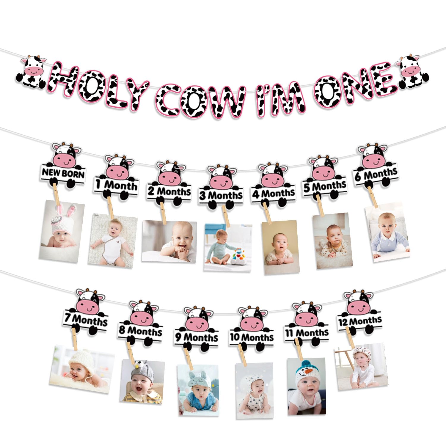 Cow 1st Birthday Decorations, include Holy Cow I'm One Banner, Cow Monthly Photo Banner, Farm Animals Cow First Birthday Party Decorations for Girls First Birthday Party Supplies