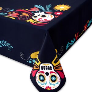 YiHomer Day of The Dead Halloween Tabletop - Dia De Los Muertos Floral Skeleton Mask, Cinco De Mayo Mexican Fiesta Party Home Kitchen Dining Room Decor, Sugar Skull, Tablecloth, 52 x 52 Square