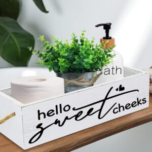 Msyueos Hello Sweet Cheek Decor Box with Rope - Rustic Wooden Storage Box with Funny Design on 2 Sides Perfect for Bathroom Decor, Toilet Paper Holder, Toilet Tank Basket, Toilet Organizer (White)