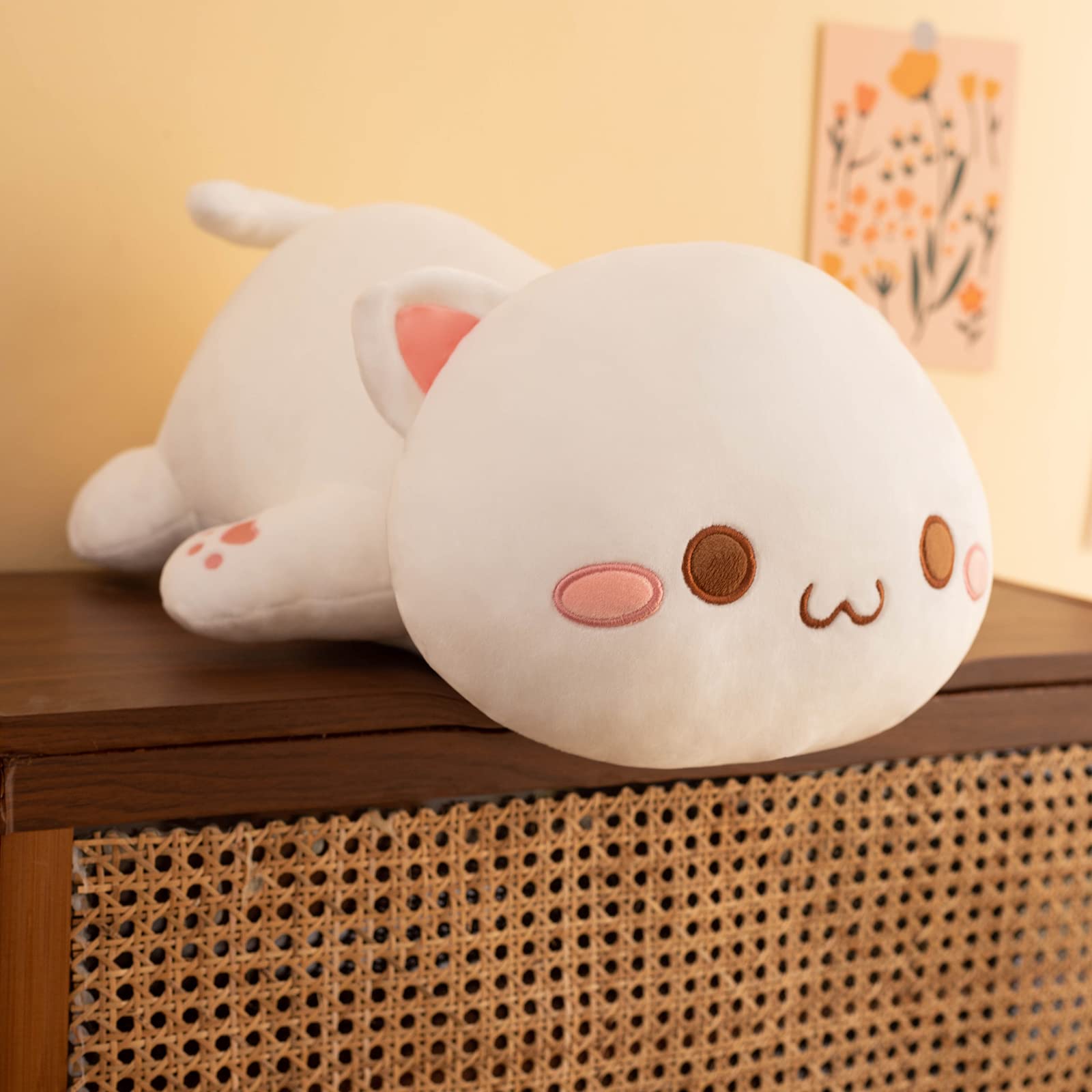 Alwoligag Weighted Stuffed Animals Plush, 3lbs Weighted Stuffed Cat Plush 19.6", Soft Kawaii Cat Plush Pillow Kitten Kids Gifts（White Round Eyes）