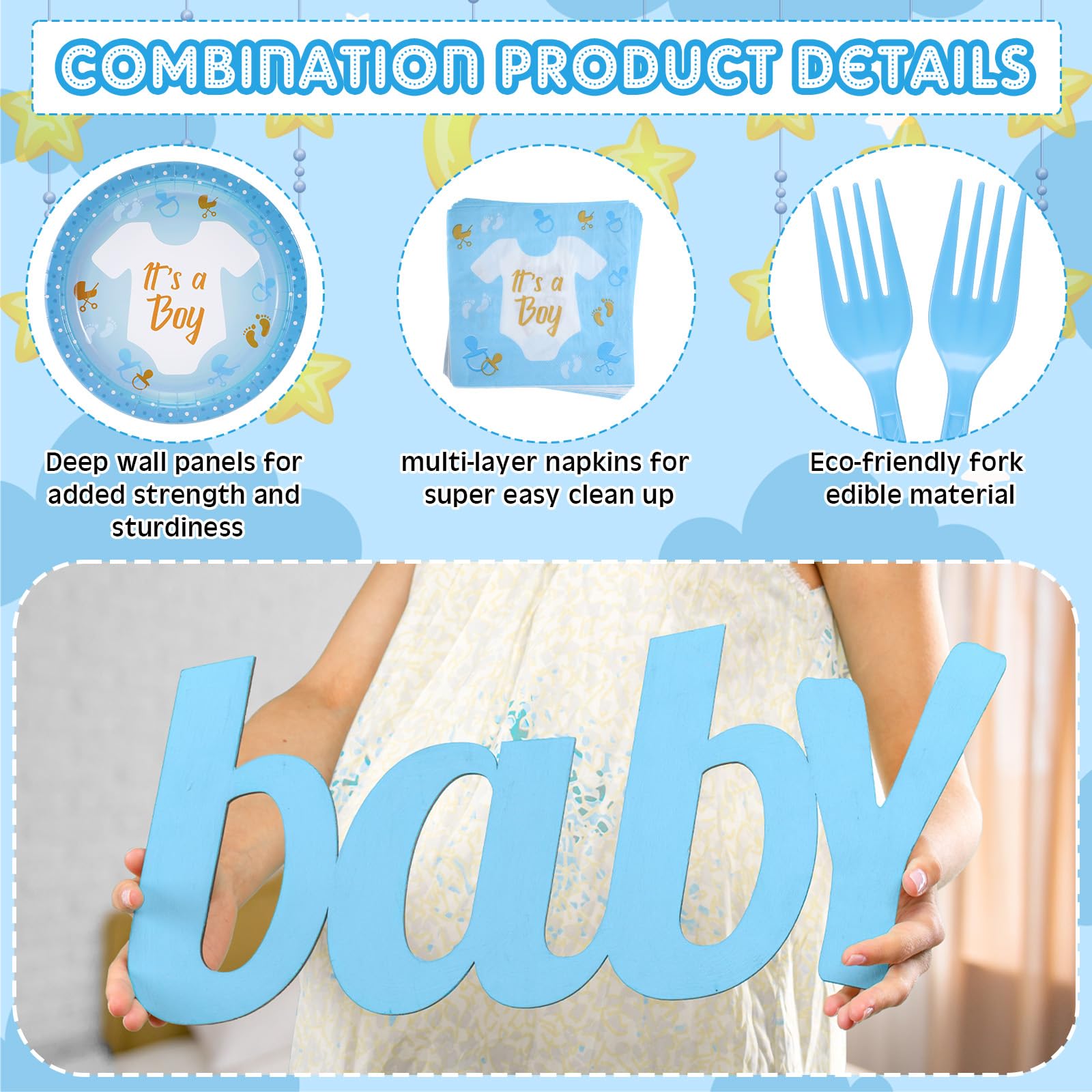 Tanlade 24 Sets Boy Baby Shower Plates and Napkins It's a Boy Plates and Napkins Disposable Baby Shower Party Supplies 48 Paper Plates 24 Forks 50 Napkins for Boys Gender Reveal Birthday