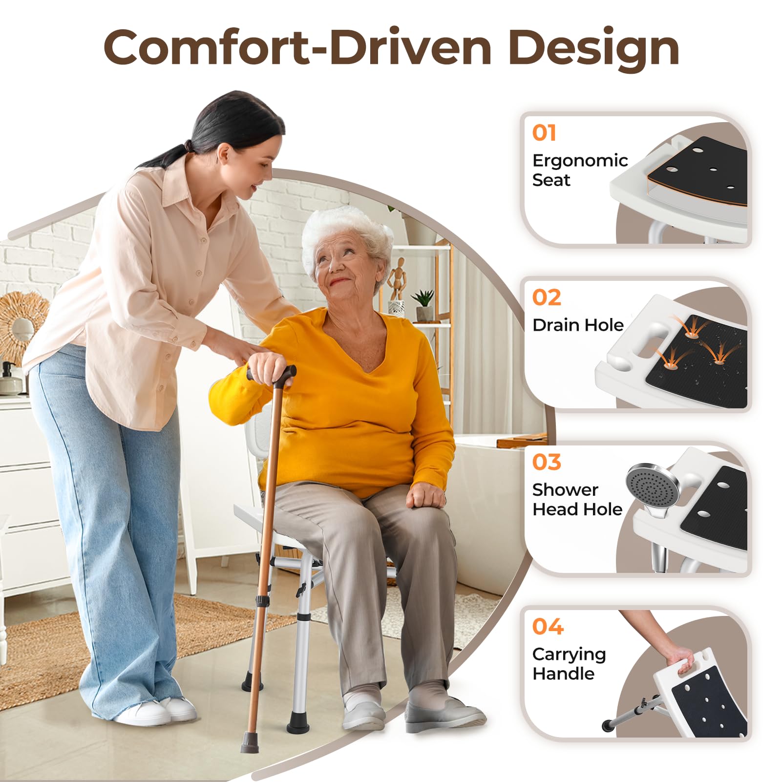 WAYES Shower Chair with Back - Narrow Shower Chair for Elderly and Disabled, Up to 500 Lbs, Heavy-Duty, Adjustable