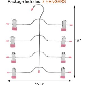 Solid Metal Skirt Hangers 4 Tier Pants Shorts Hangers Space Saving Hangers with Adjustable Clips Non Slip Grip for Slacks, Trousers, Shorts, Jeans, Towels, Pink, (2 Pieces) HL04P